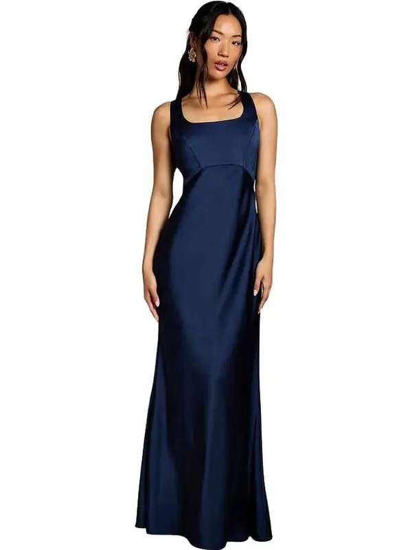 Coast Square Neck Satin Dress With Bow Detail - Navy