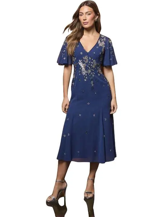 Coast Floral Embellished Flutter Sleeve Midi Dress - Blue