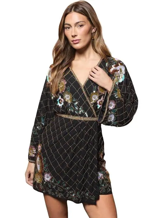 Coast Floral Embellished Wrap Mini Dress - Black