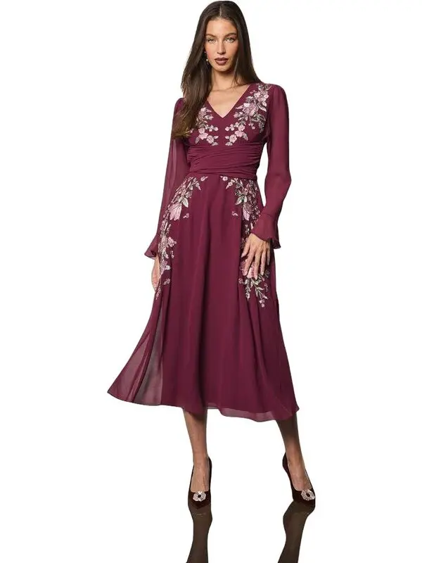 Coast Wrap Waist Embroidered Midi Dress - Wine
