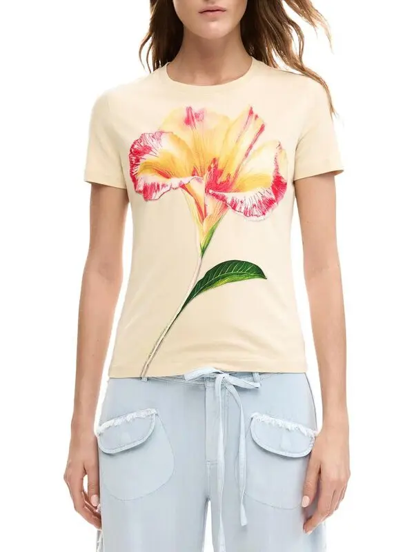 Desigual Embroidered Pansy Graphic T-shirt - Light Beige