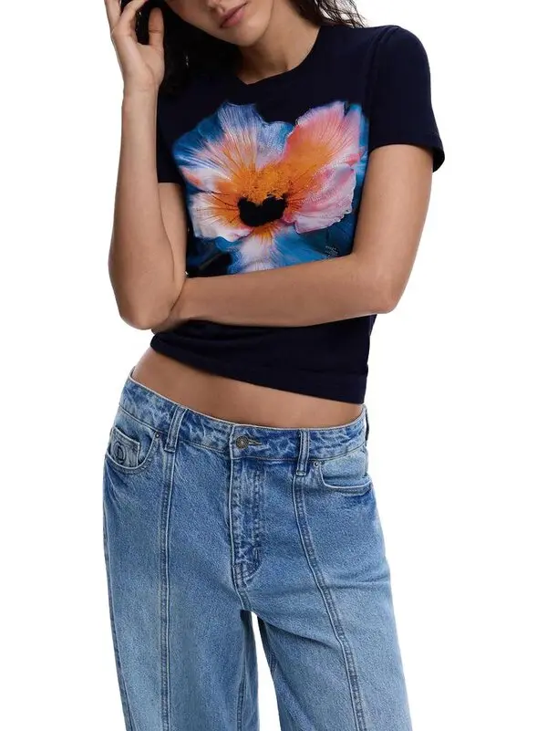 Desigual Embroidered Pansy Graphic T-shirt - Navy Blue