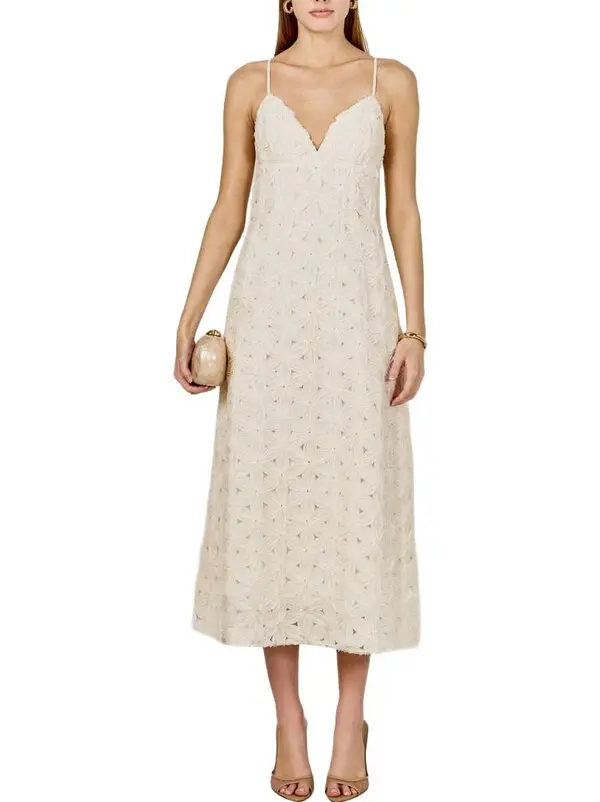 Endless Rose Textured Floral Midi Dress - Beige