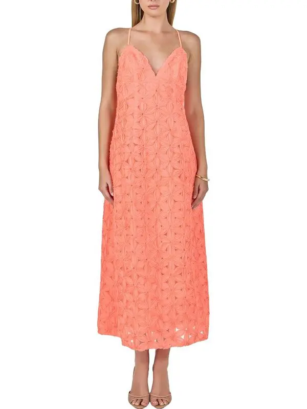 Endless Rose Textured Floral Midi Dress - Coral Orange