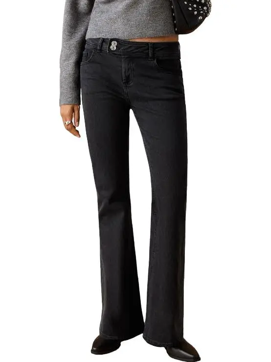 Mango Button Tab Low Rise Flare Jeans - Black Denim