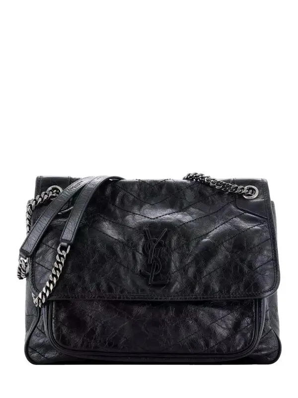 Saint Laurent Niki Chain Flap Large Shoulder Bag Matelassé Chevron Leather - Black