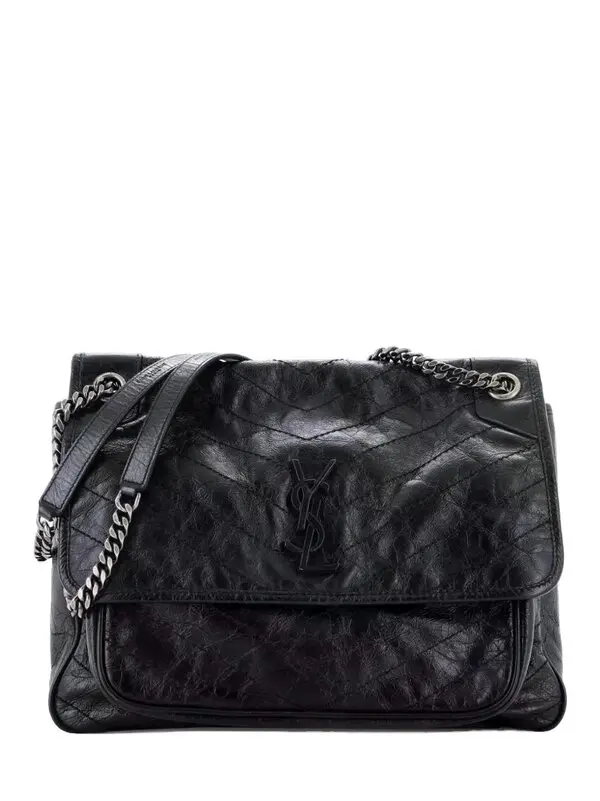 Saint Laurent Niki Chain Flap Large Shoulder Bag Matelassé Chevron Leather - Black