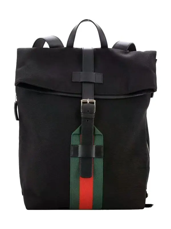 Gucci Web Fold Over Techno Canvas Medium Backpack - Black