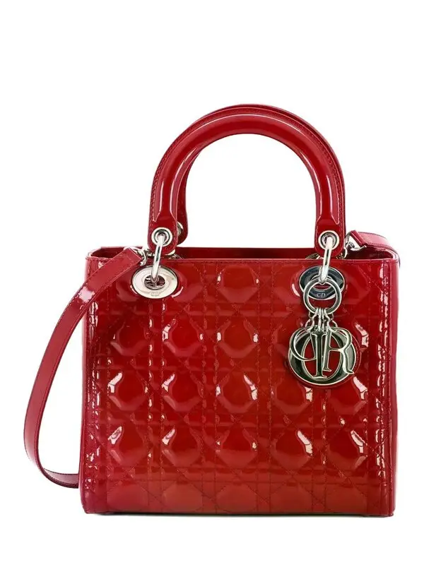 Dior Lady Medium Satchel Cannage Quilt Patent - Red