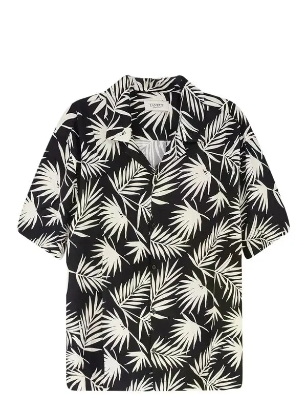 LANEUS Bowling Collar Printed Shirt - Black