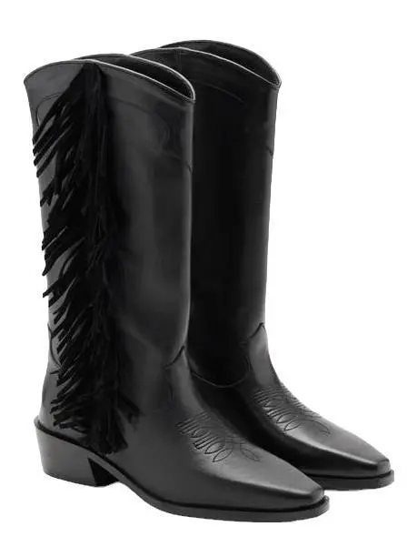 Mango Fringe Leather Boots - Black