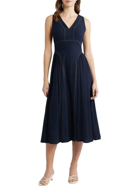 Moon River Contrast Stitch Sleeveless Tie Back Midi Dress - Dark Navy