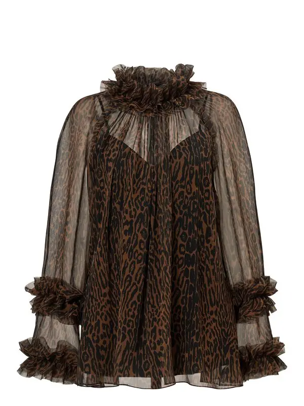 Carolina Herrera Leopard Chiffon Top With Ruffle Trim - Print