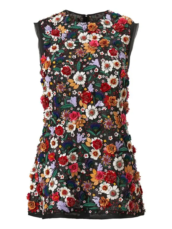 Carolina Herrera Embellished Crepe Silk Organza Floral Top - Multi