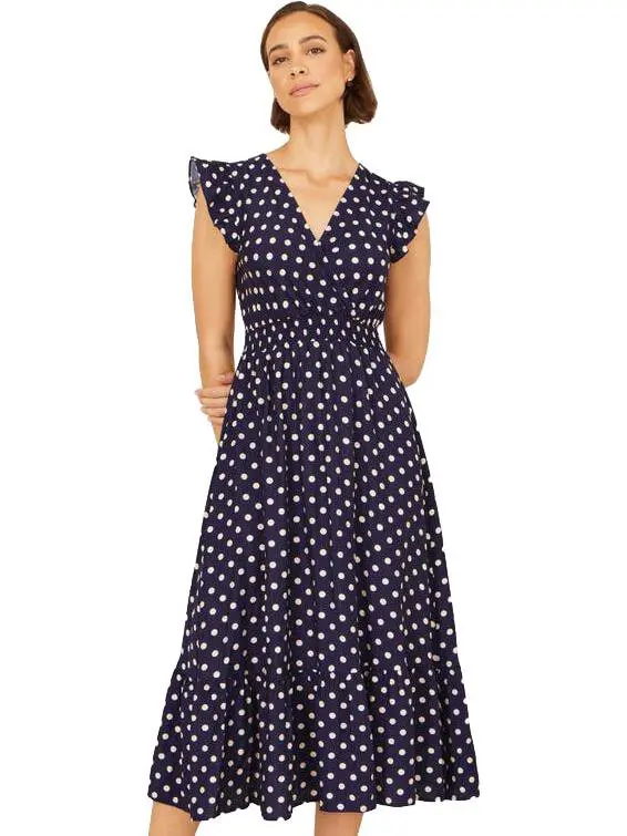 YUMI Spot Ruched Waist Midi Dress - Navy