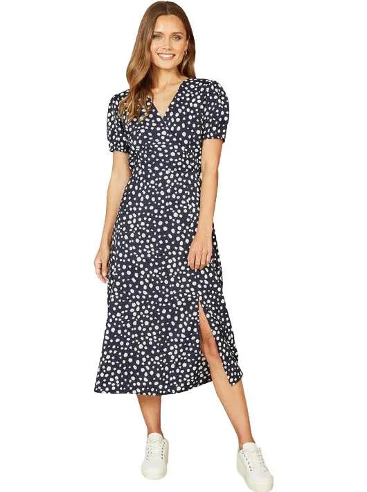 YUMI Spot Print Midi Tea Dress - Navy