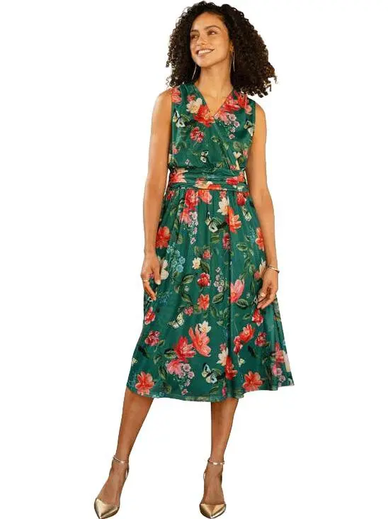 YUMI Floral Print Mesh Stretch Midi Dress - Green
