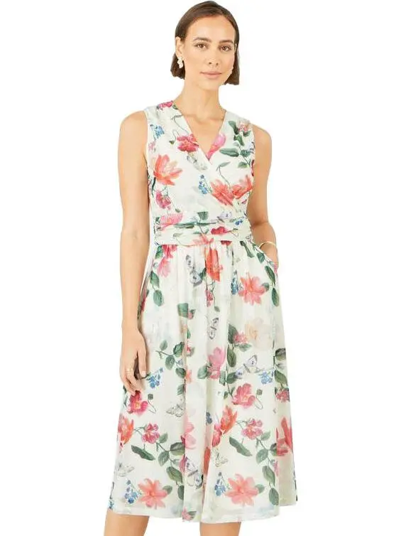 YUMI Floral Print Mesh Stretch Midi Dress - Ivory