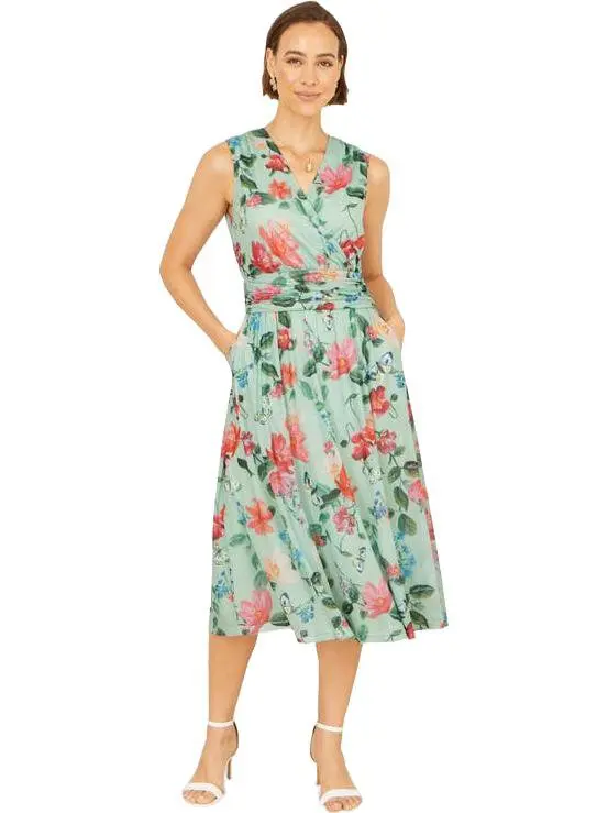 YUMI Floral Print Mesh Stretch Midi Dress - Mint Green
