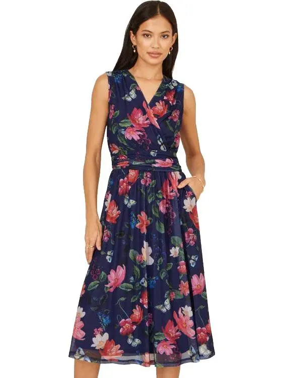 YUMI Floral Print Mesh Stretch Midi Dress - Navy