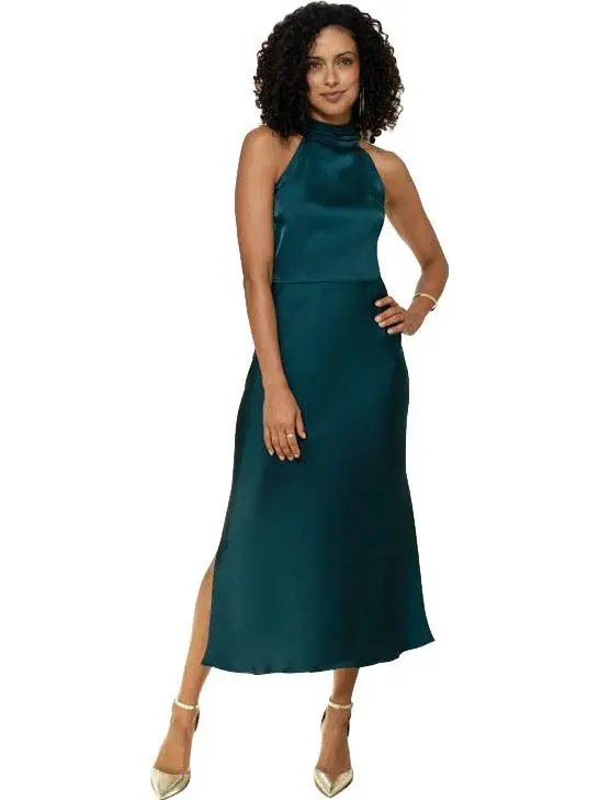 YUMI Satin Halter Neck Midi Dress - Green