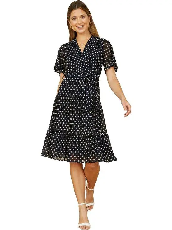 YUMI Dot Print Mesh Stretch Midi Skater Dress - Navy