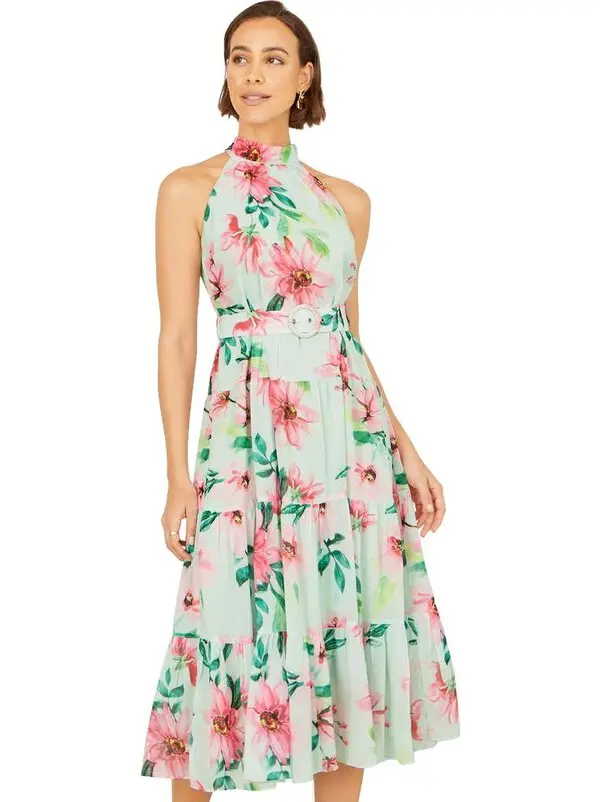 YUMI Floral Halter Neck Midi Dress - Mint Green