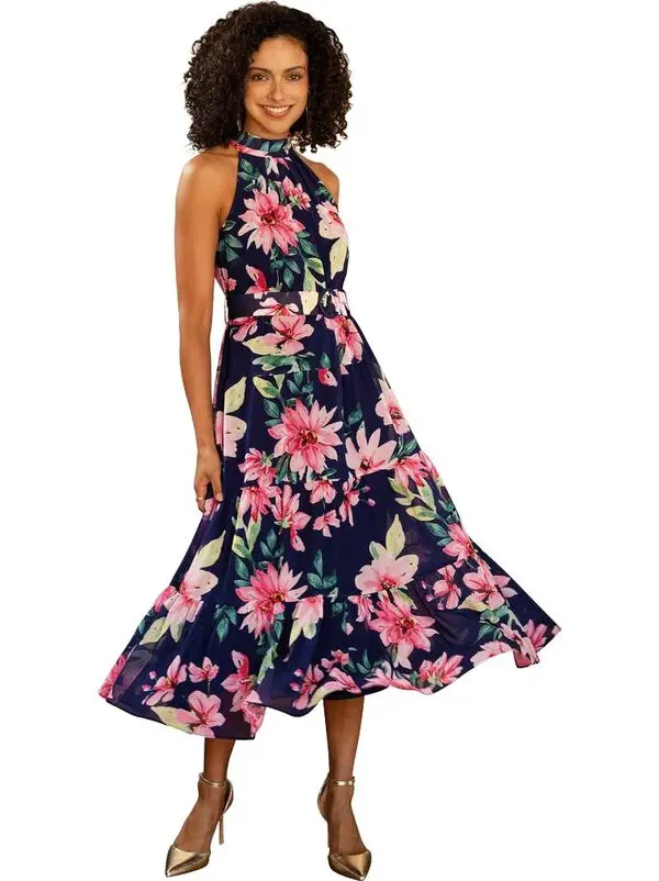 YUMI Floral Halter Neck Midi Dress - Navy