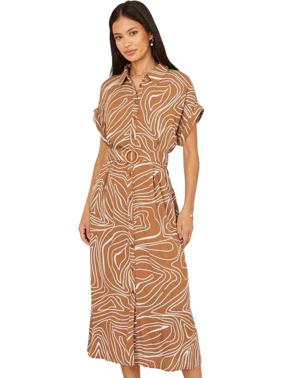 YUMI Abstract Swirl Print Relaxed Midi Dress - Brown