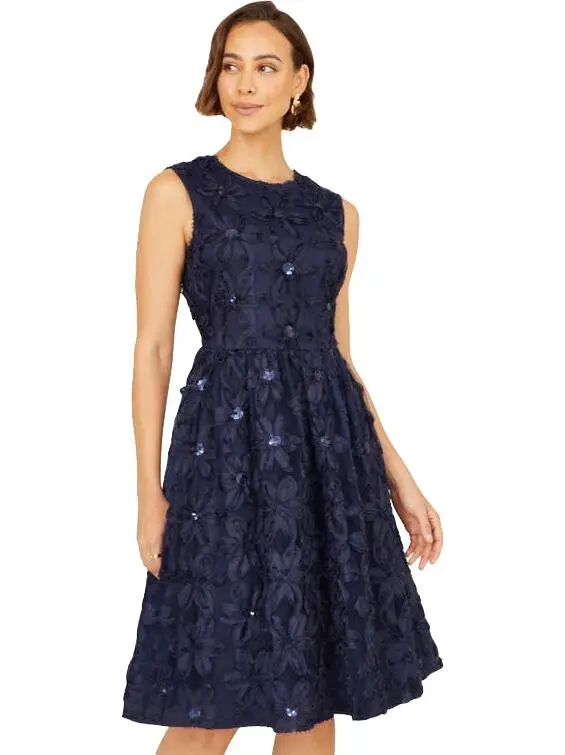 YUMI Sequin Floral Applique Skater Dress - Navy
