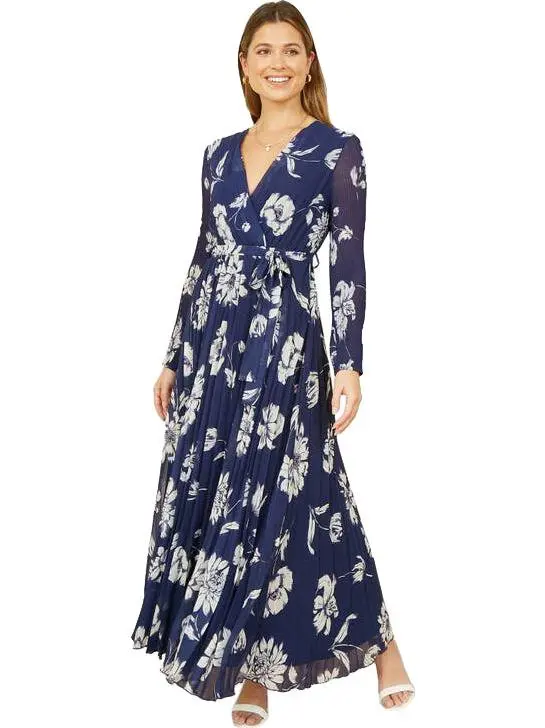 YUMI Floral Pleated Midi Wrap Dress - Navy
