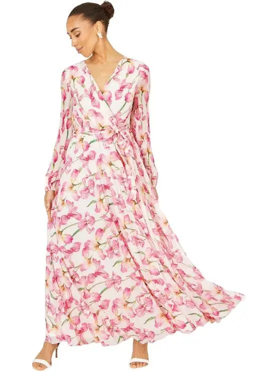 YUMI Floral Pleated Wrap Maxi Dress - Ivory