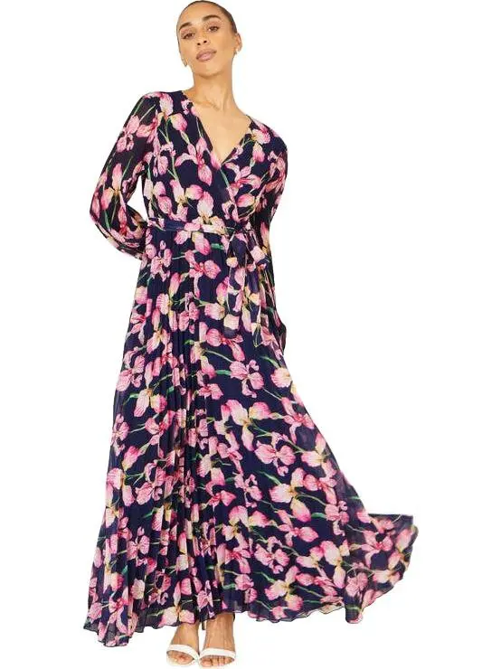 YUMI Floral Pleated Wrap Maxi Dress - Navy