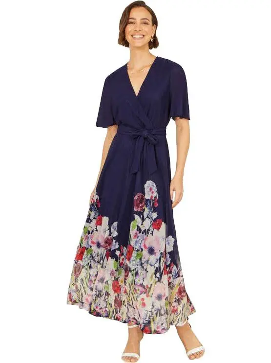 YUMI Mesh Wrap Midi Dress - Navy