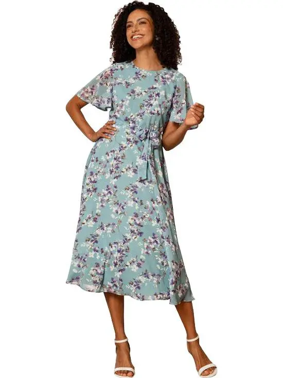 YUMI Blossom Print Midi Skater Dress - Blue