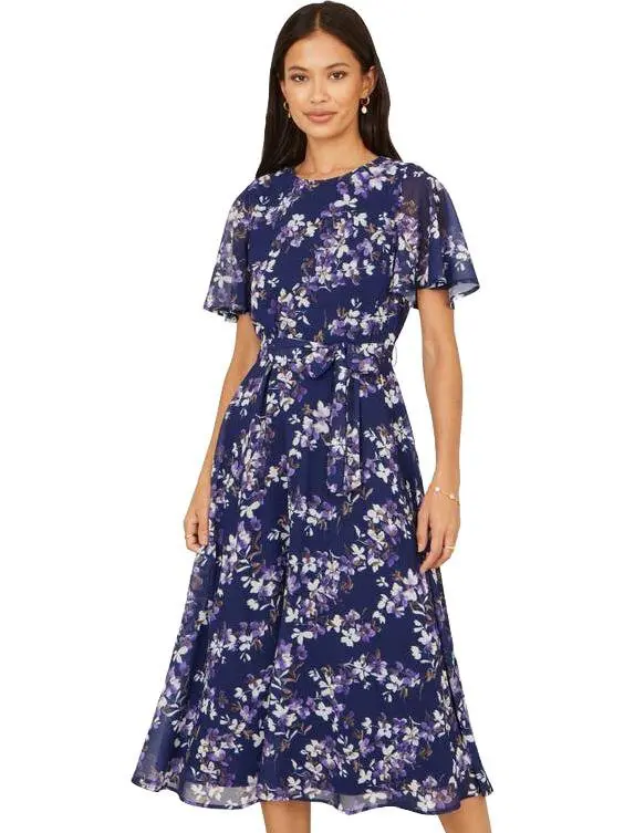 YUMI Blossom Print Midi Skater Dress - Navy
