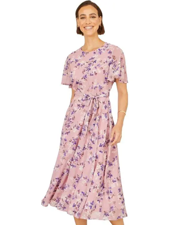 YUMI Blossom Print Midi Skater Dress - Pink