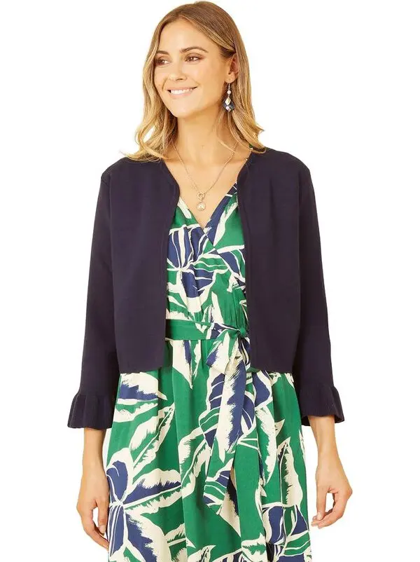YUMI Bell Sleeves Cropped Cardigan - Navy