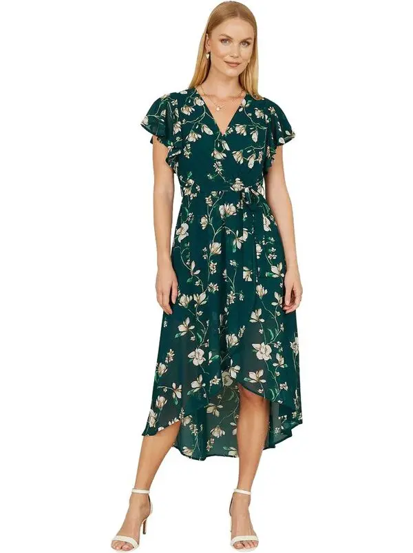 YUMI Floral Frill Hem Wrap Midi Dress - Green