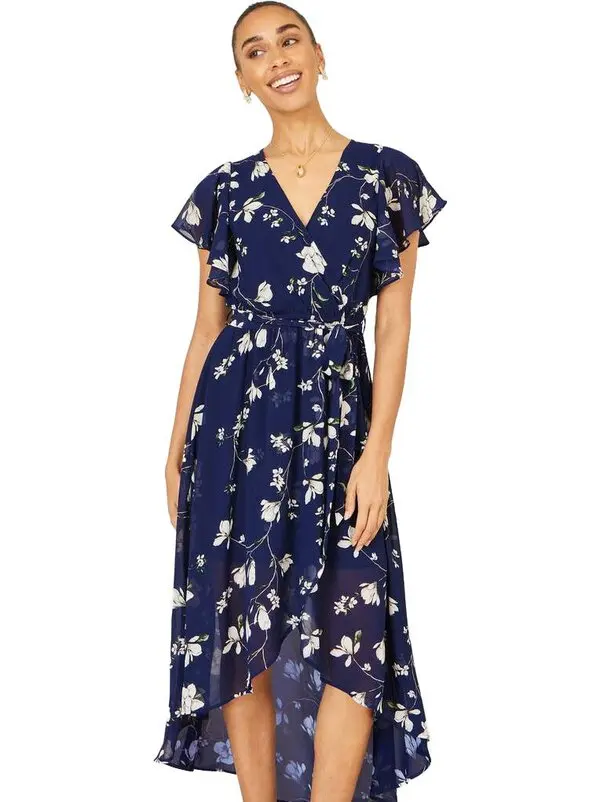 YUMI Floral Frill Hem Wrap Midi Dress - Navy