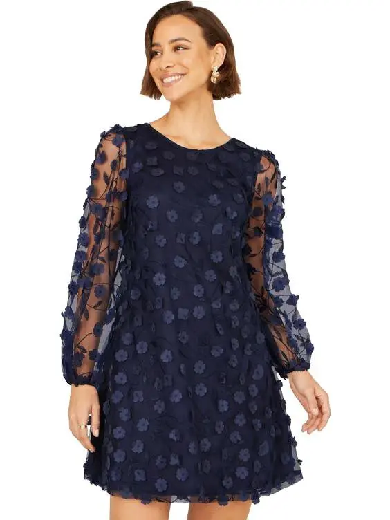 YUMI Floral Applique Tunic Dress - Navy