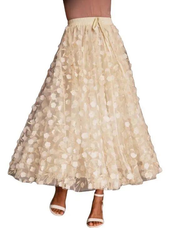 YUMI Floral Appliqué Tulle Midi Skirt - Ivory