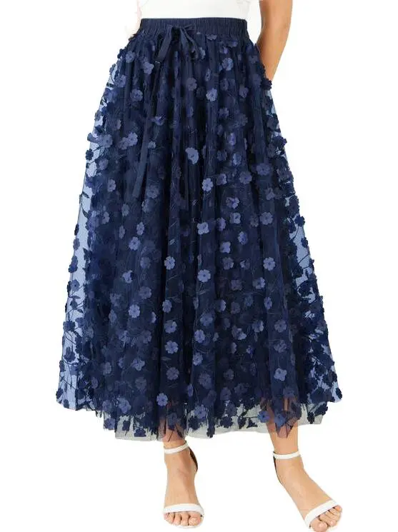 YUMI Floral Appliqué Tulle Midi Skirt - Navy
