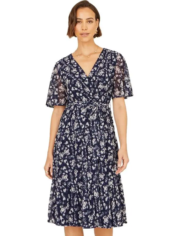 YUMI Floral Mesh Wrap Midi Dress - Navy