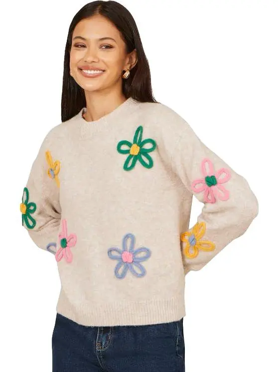 YUMI Relaxed Flower Embroidered Jumper - Grey