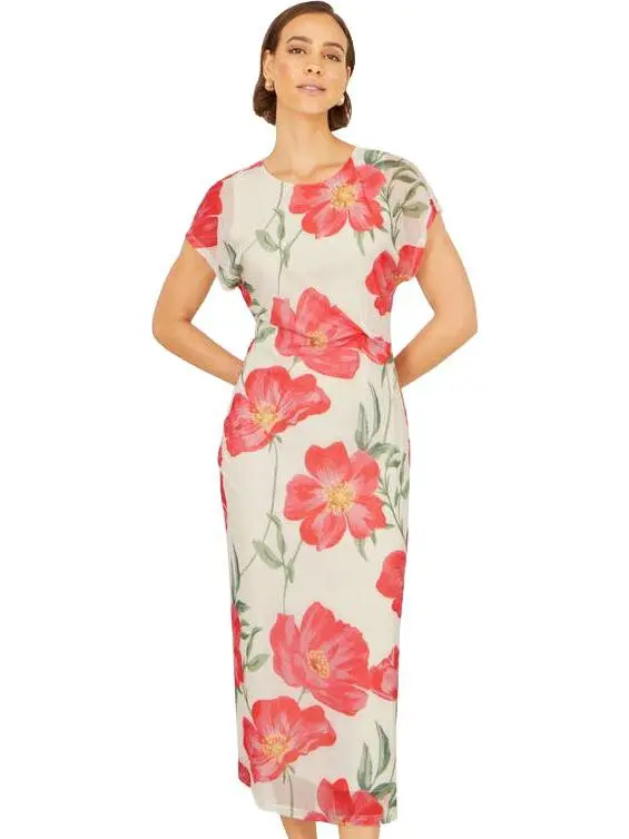 YUMI Poppy Print Mesh Midi Dress - Ivory
