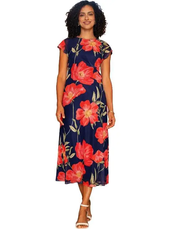 YUMI Poppy Print Mesh Midi Dress - Navy