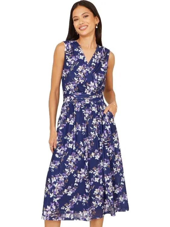 YUMI Blossom Print Mesh Stretch Midi Dress - Navy