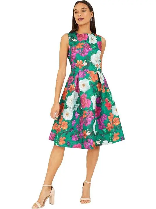YUMI Floral Jacquard Fit And Flare Skater Dress - Green