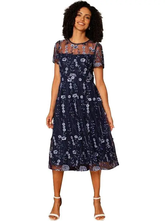 YUMI Embroidered Mesh Midi Dress - Navy